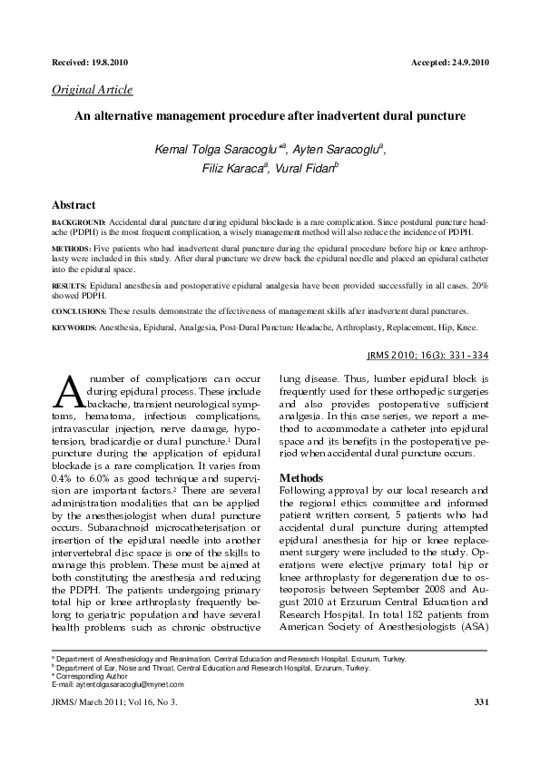 (PDF) An alternative management procedure after inadvertent dural puncture