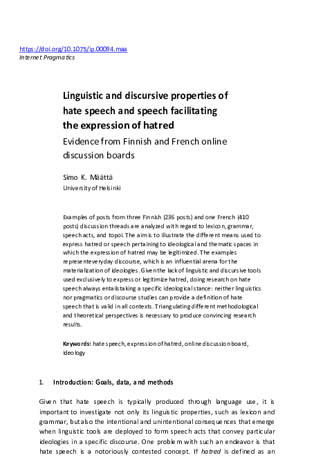 (PDF) Linguistic and discursive properties of hate speech and speech ...