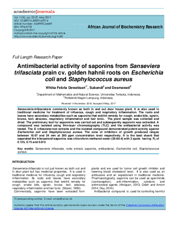 (PDF) Antimibacterial activity of saponins from Sanseviera trifasciata ...