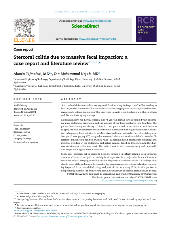 (PDF) Stercoral colitis due to massive fecal impaction: a case report ...