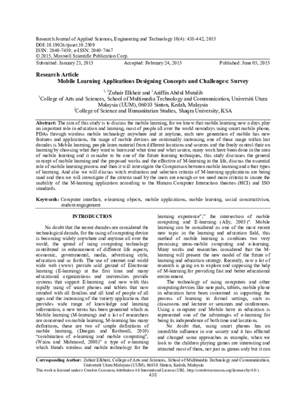 (PDF) Mobile Learning Applications Designing Concepts and Challenges: Survey