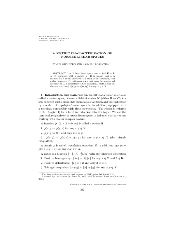 (PDF) A Metric Characterization of Normed Linear Spaces