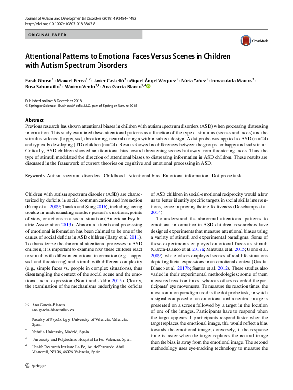 (PDF) Attentional Patterns to Emotional Faces Versus Scenes in Children ...