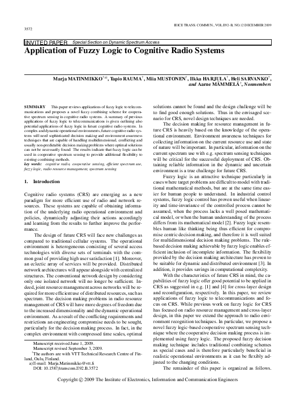 (PDF) Application of Fuzzy Logic to Cognitive Radio Systems