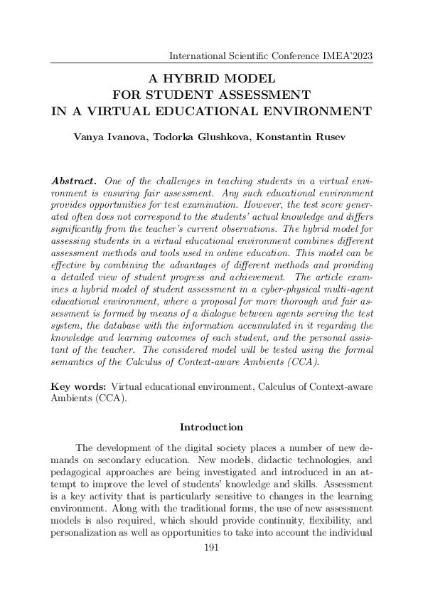 (PDF) A HYBRID MODEL FOR STUDENT ASSESSMENT IN A VIRTUAL EDUCATIONAL ...