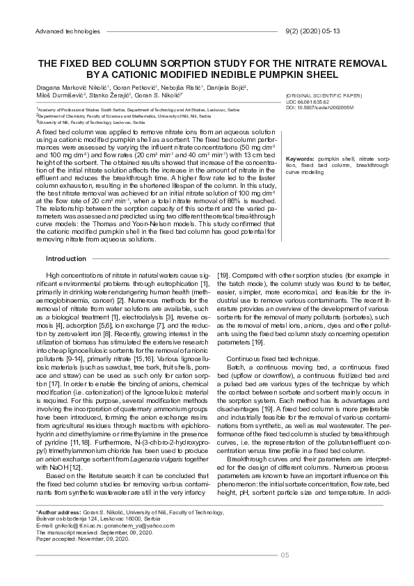 (PDF) The fixed bed column sorption study for the nitrate removal by a ...