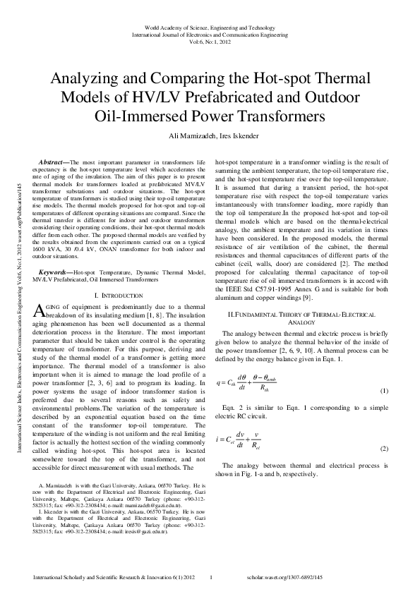 (PDF) Analyzing And Comparing The Hot-Spot Thermal Models Of Hv/Lv Prefabricated And Outdoor Oil ...