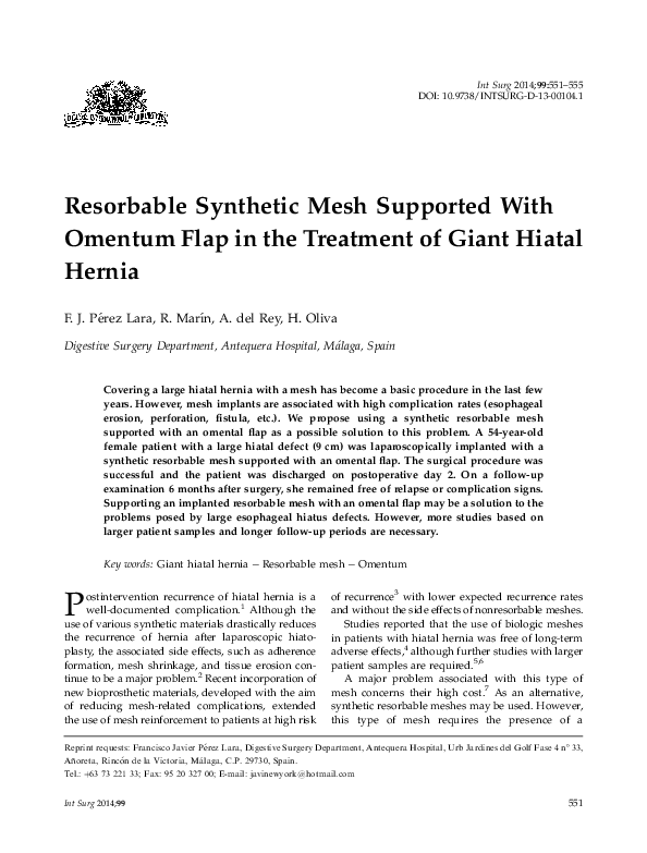 (PDF) Resorbable Synthetic Mesh Supported With Omentum Flap in the ...