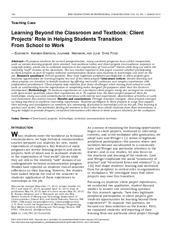 (PDF) Learning Beyond the Classroom and Textbook: Client Projects’ Role ...