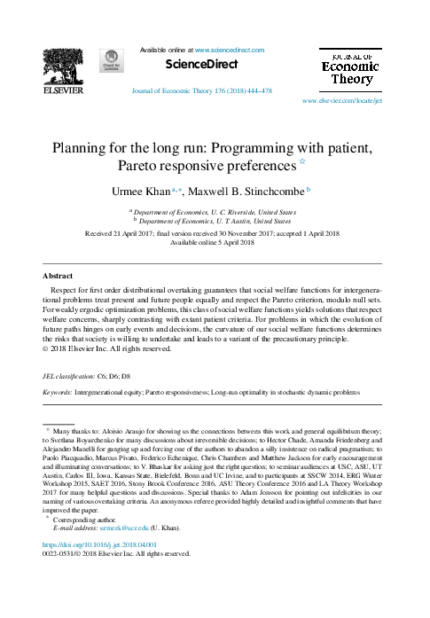 (PDF) Planning for the long run: Programming with patient, Pareto responsive preferences