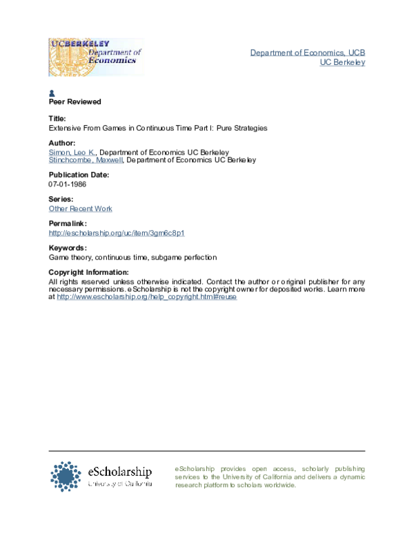(PDF) Extensive From Games in Continuous Time Part I: Pure Strategies