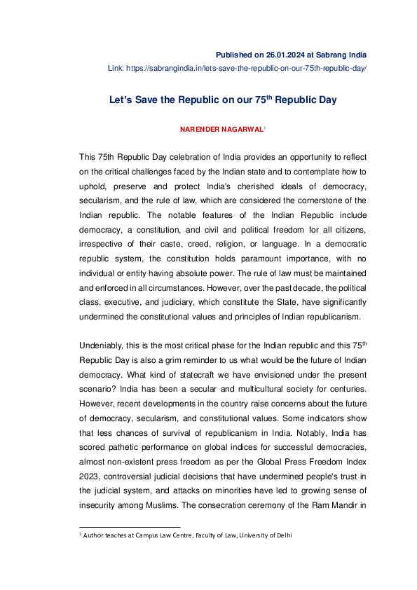 (PDF) Let's Save the Republic on our 75 th Republic Day