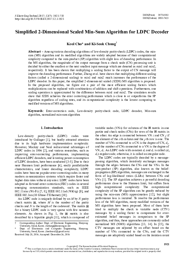 (PDF) Simplified 2-Dimensional Scaled Min-Sum Algorithm for LDPC Decoder