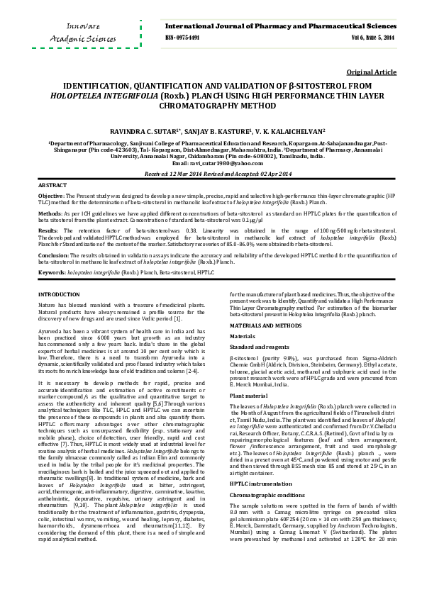 (PDF) IDENTIFICATION, QUANTIFICATION AND VALIDATION OF β-SITOSTEROL FROM HOLOPTELEA INTEGRIFOLIA ...