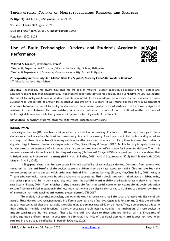 (PDF) Use of Basic Technological Devices and Student’s Academic Performance