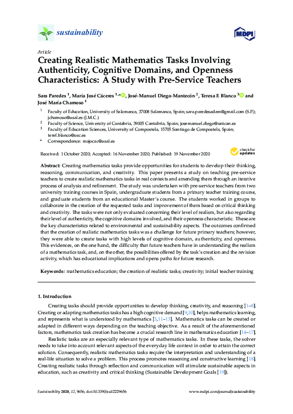 (PDF) Creating Realistic Mathematics Tasks Involving Authenticity, Cognitive Domains, and ...