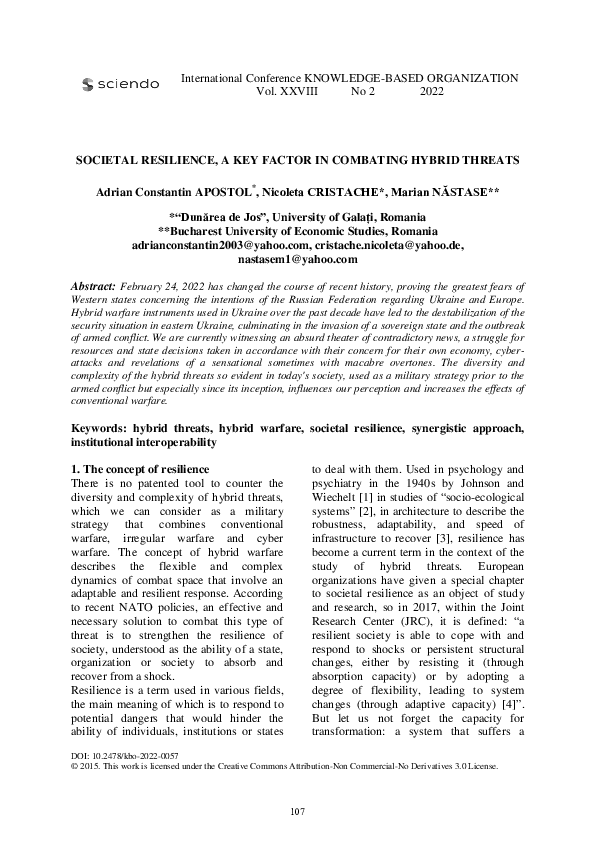 (PDF) Societal Resilience, A Key Factor in Combating Hybrid Threats