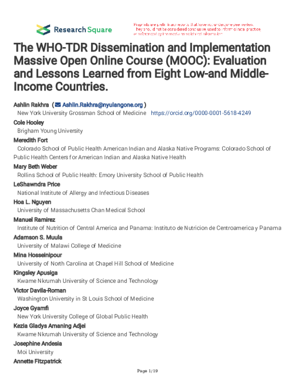 (PDF) The WHO-TDR Dissemination and Implementation Massive Open Online Course (MOOC): Evaluation ...