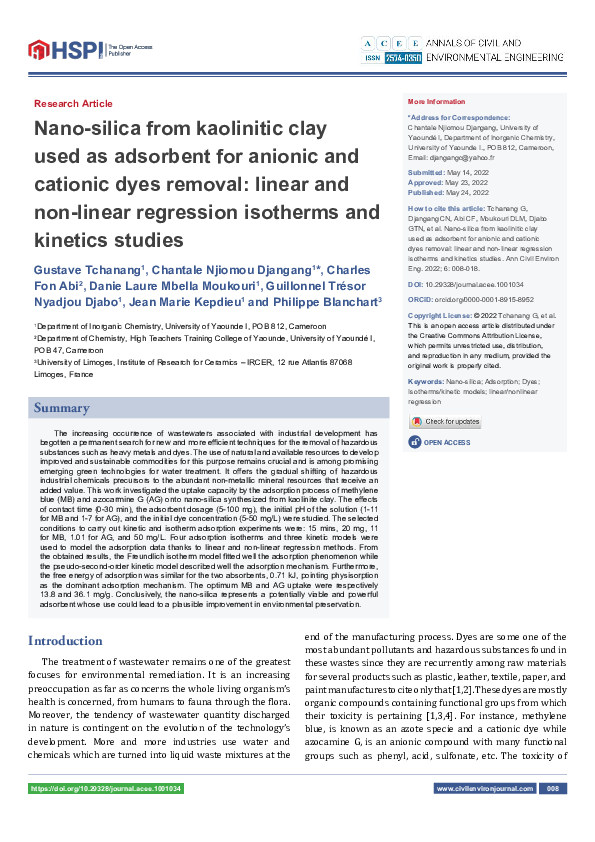 (PDF) Nano-silica from kaolinitic clay used as adsorbent for anionic ...