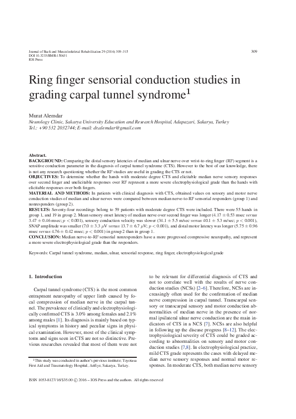 (PDF) Ring finger sensorial conduction studies in grading carpal tunnel ...