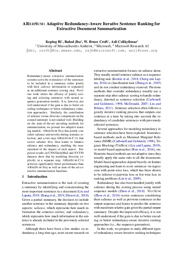 (PDF) AREDSUM: Adaptive Redundancy-Aware Iterative Sentence Ranking for Extractive Document ...