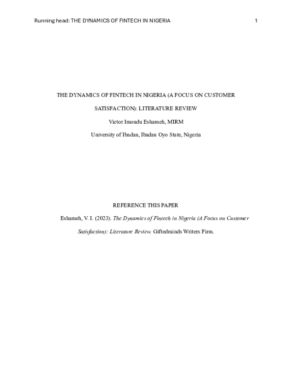 (PDF) The Dynamics of Fintech in Nigeria (A Focus on Customer Satisfaction): Literature Review