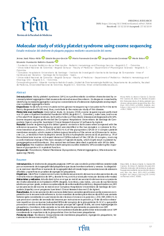 (PDF) Molecular study of sticky platelet syndrome using exome sequencing