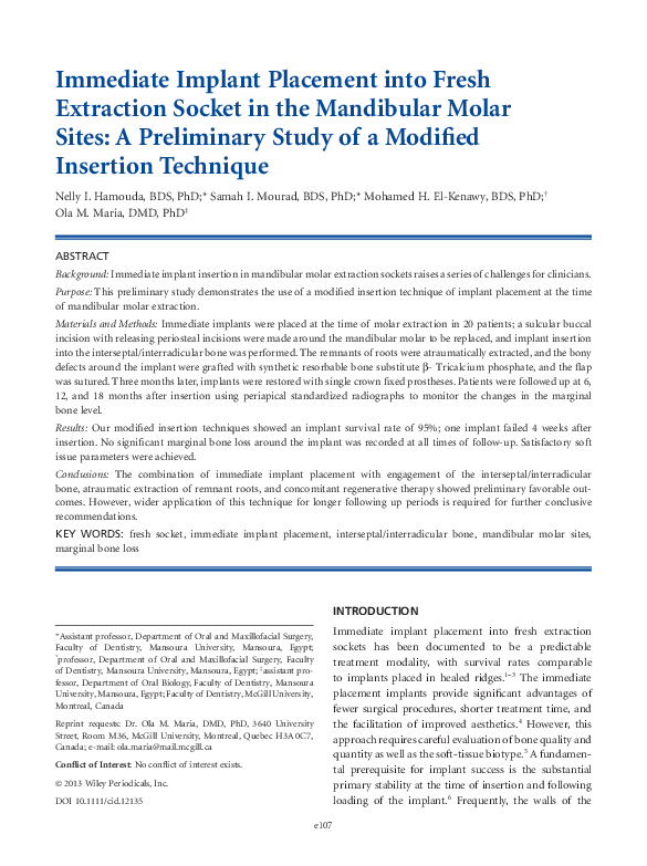 (PDF) Immediate Implant Placement Into Fresh Extraction Sites Using ...