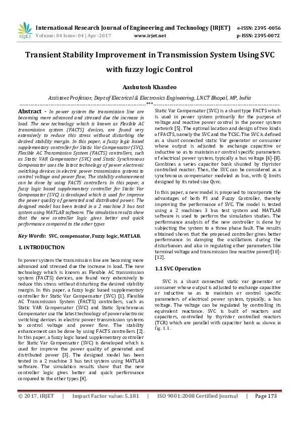 (PDF) Transient stability improvement in transmission system using SVC ... (PDF) Transient stability improvement in transmission system using SVC ...