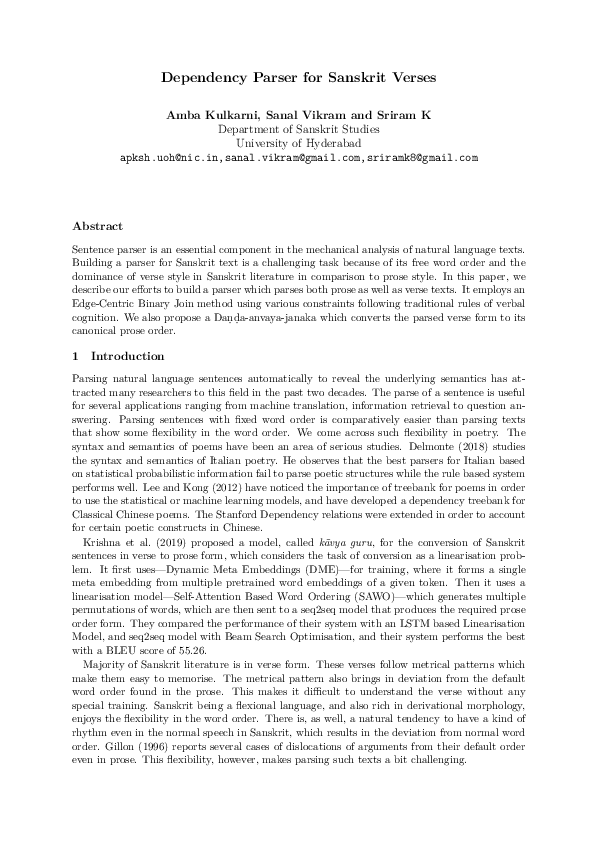(PDF) Dependency Parser for Sanskrit Verses