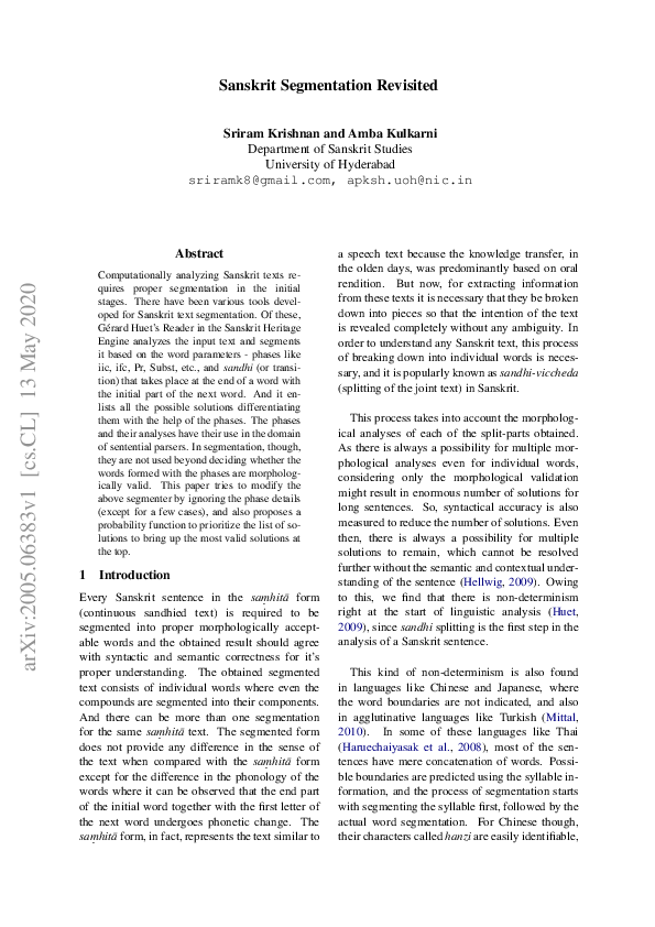 (PDF) Sanskrit Segmentation Revisited