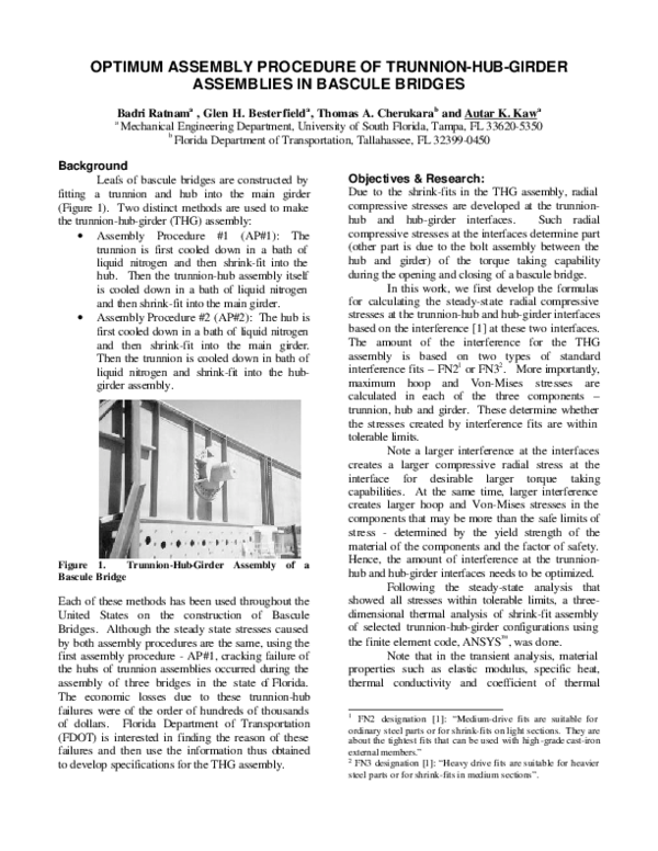 (PDF) Optimum Assembly Procedure of Trunnion-Hub-Girder Assemblies in Bascule Bridges | Badri ...