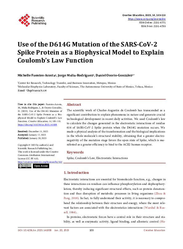 (PDF) Use of the D614G Mutation of the SARS-CoV-2 Spike Protein as a Biophysical Model to ...