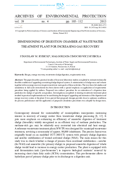 (PDF) Dimensioning of digestion chamber at wastewater treatment plant ...