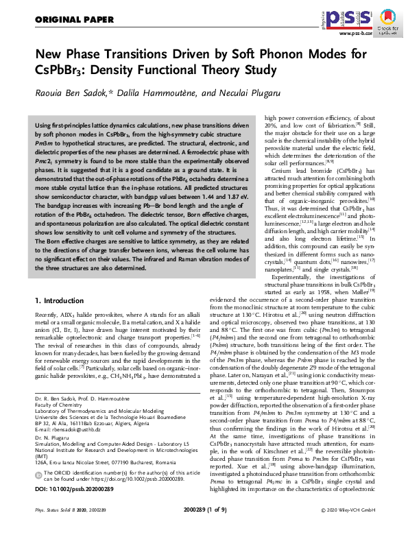 (PDF) New Phase Transitions Driven by Soft Phonon Modes for CsPbBr 3 : Density Functional Theory ...
