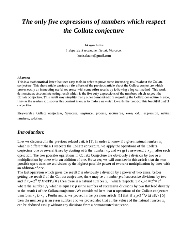 (PDF) The only five expressions of numbers which respect the Collatz conjecture