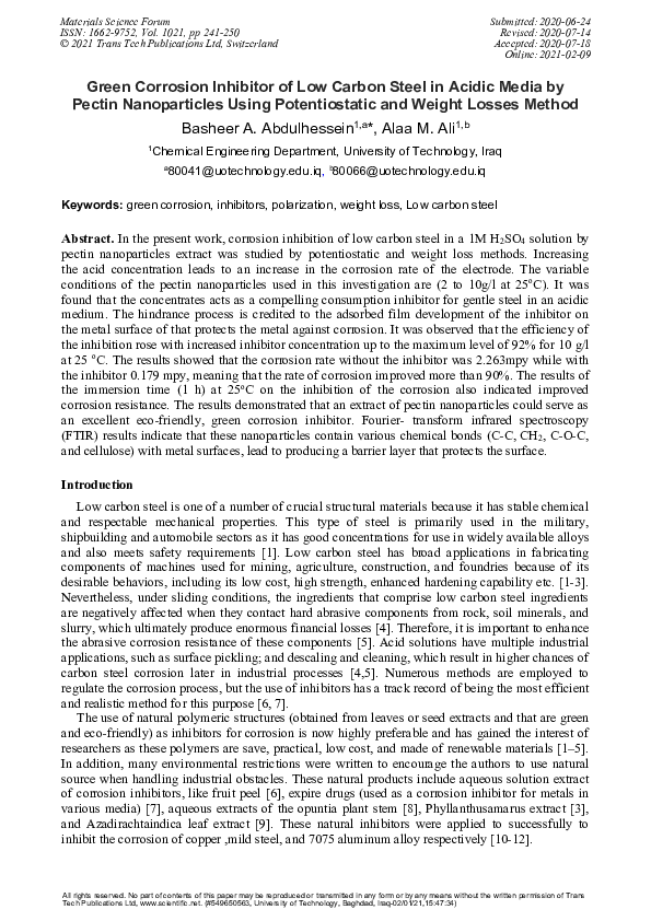 (PDF) Green Corrosion Inhibitor of Low Carbon Steel in Acidic Media by Pectin Nanoparticles ...