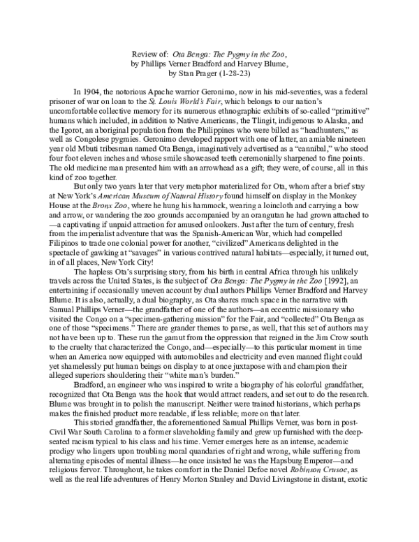 (DOC) Review of Ota Benga: The Pygmy in the Zoo, by Phillips Verner ...