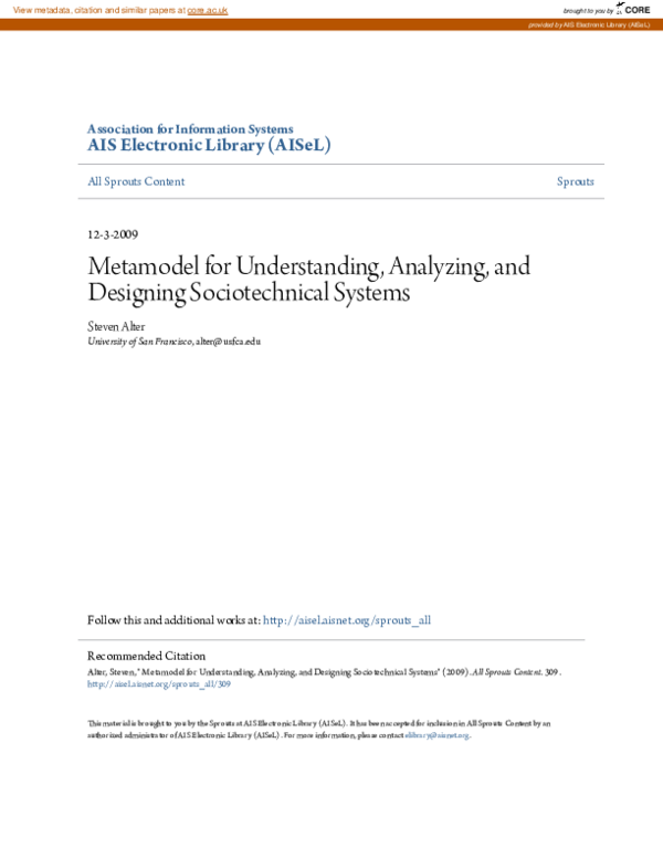 (PDF) Metamodel for Understanding, Analyzing, and Designing Sociotechnical Systems