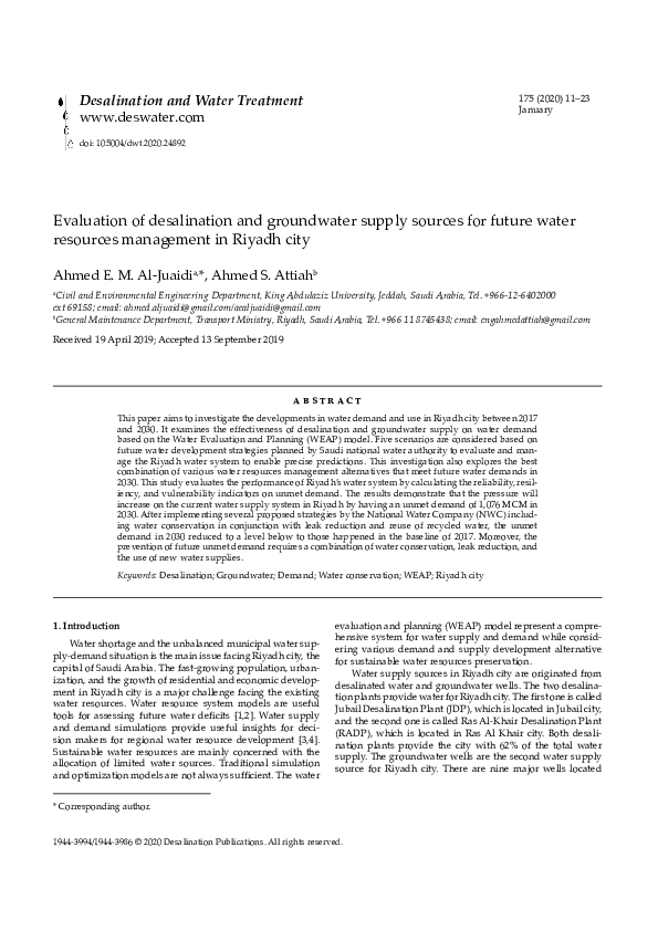 (PDF) Evaluation of desalination and groundwater supply sources for ...