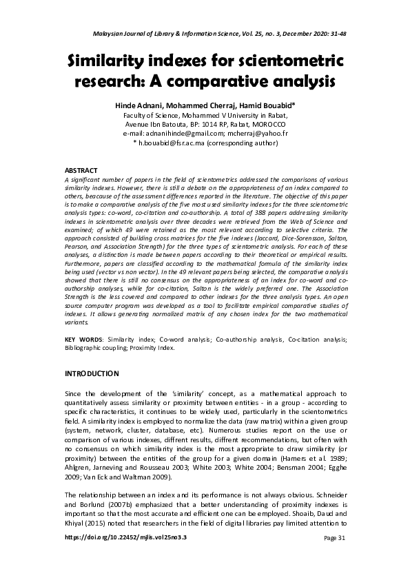 (PDF) Similarity indexes for scientometric research: A comparative analysis