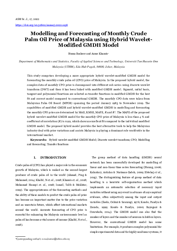 Pdf Modelling And Forecasting Of Monthly Crude Palm Oil Price Of Malaysia Using Hybrid Wavelet
