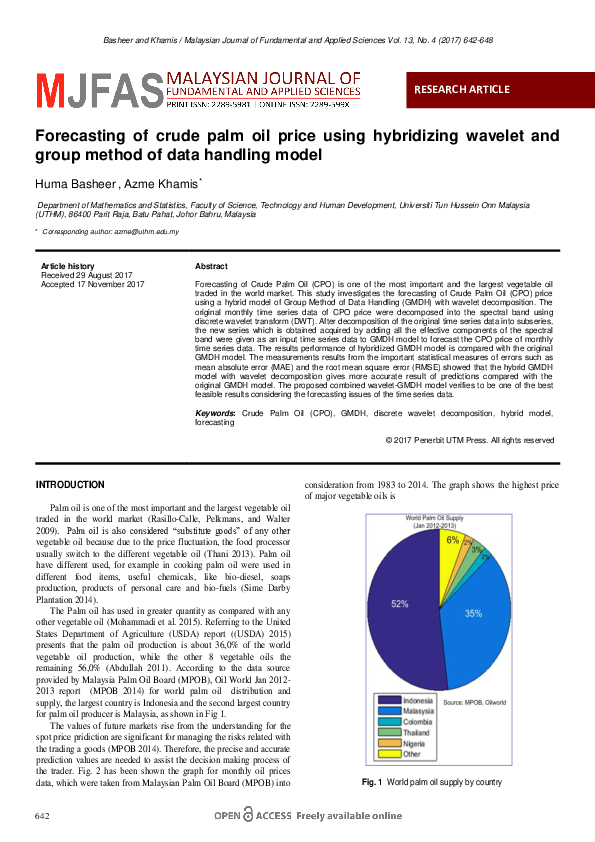 (PDF) Forecasting of crude palm oil price using hybridizing wavelet and group method of data ...