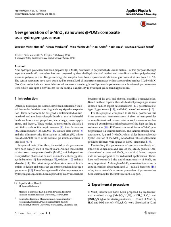 (PDF) New generation of α-MnO2 nanowires @PDMS composite as a hydrogen gas sensor | hadi arabi ...