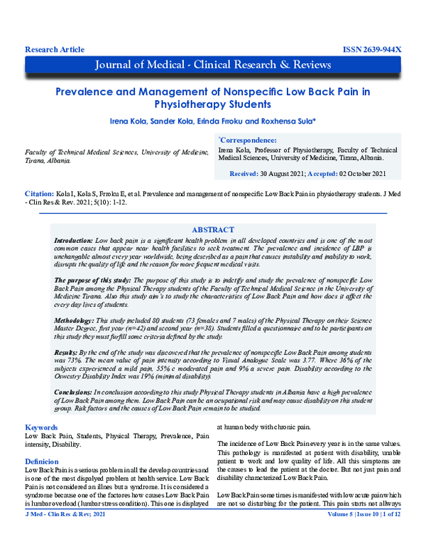 (PDF) Prevalence and Management of Nonspecific Low Back Pain in ...