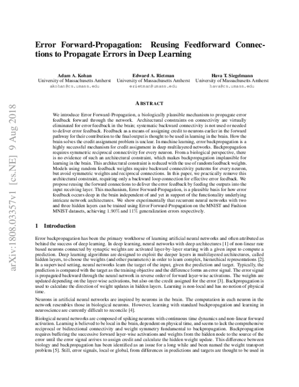 (PDF) Error Forward-Propagation: Reusing Feedforward Connections to Propagate Errors in Deep ...