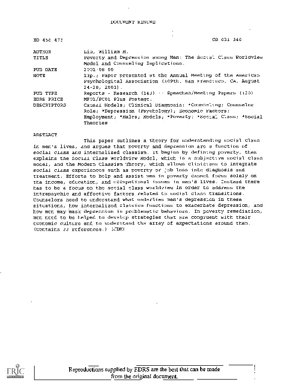 (PDF) Poverty and Depression among Men: The Social Class Worldview ...