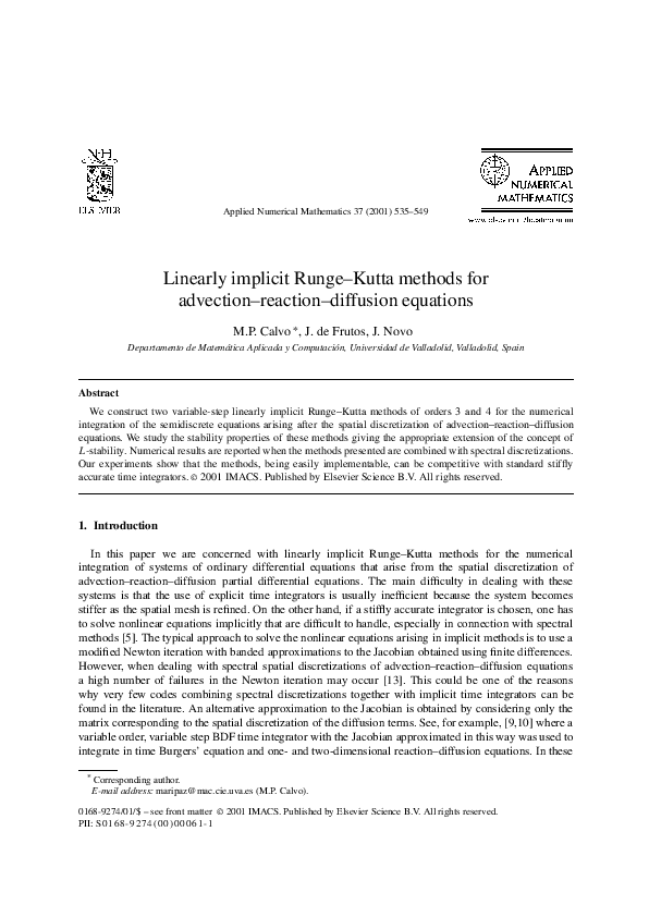 (PDF) Linearly implicit Runge–Kutta methods for advection–reaction–diffusion equations