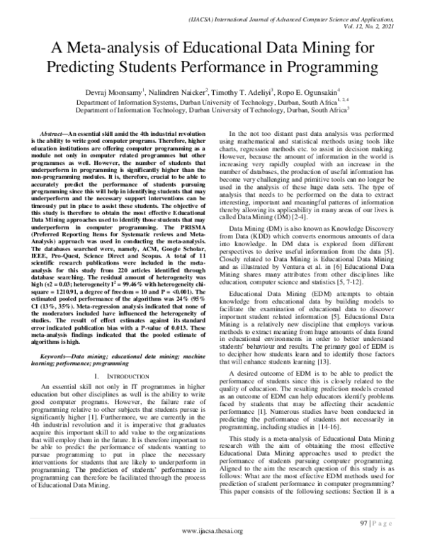 (PDF) A Meta-analysis of Educational Data Mining for Predicting Students Performance in Programming