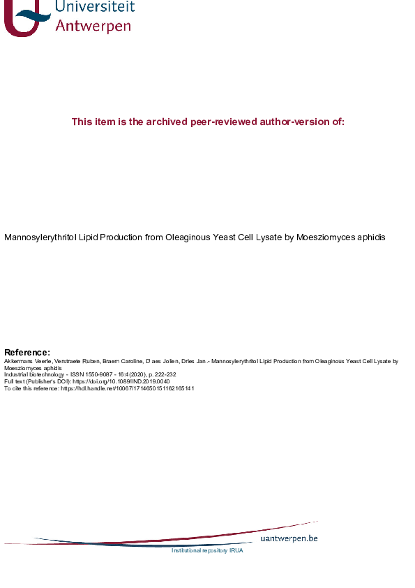 (PDF) Mannosylerythritol Lipid Production from Oleaginous Yeast Cell ...